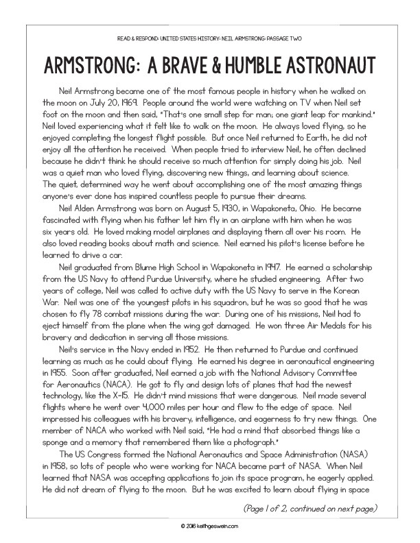 US History Paired Texts: Neil Armstrong and John Glenn - Amped Up Learning