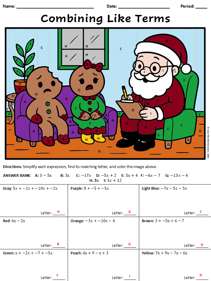 Whimsical Christmas Math Color by Number – Combining Like Terms (Santa ...