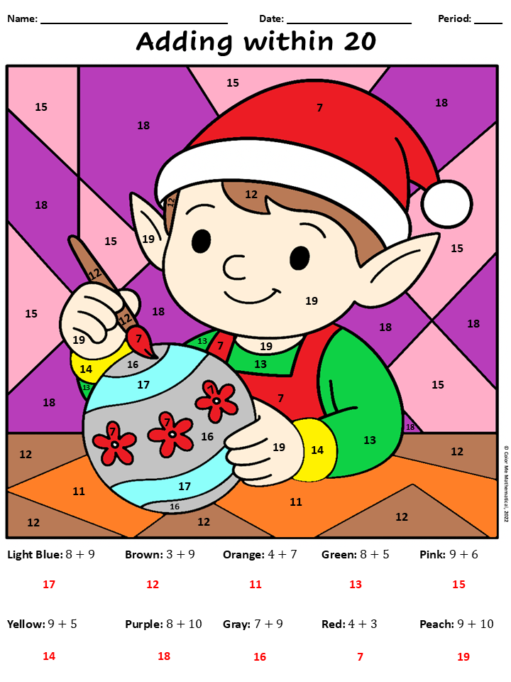 Christmas Math Color by Number – Adding Within 20 | 1st Grade Worksheet ...