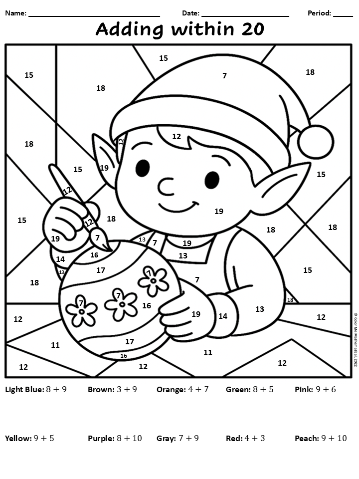 Christmas Math Color by Number – Adding Within 20 | 1st Grade Worksheet ...