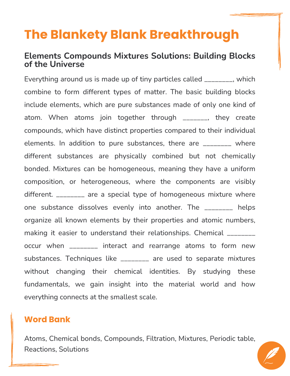 Elements, Compounds, Mixtures & Solutions Digital Escape Room