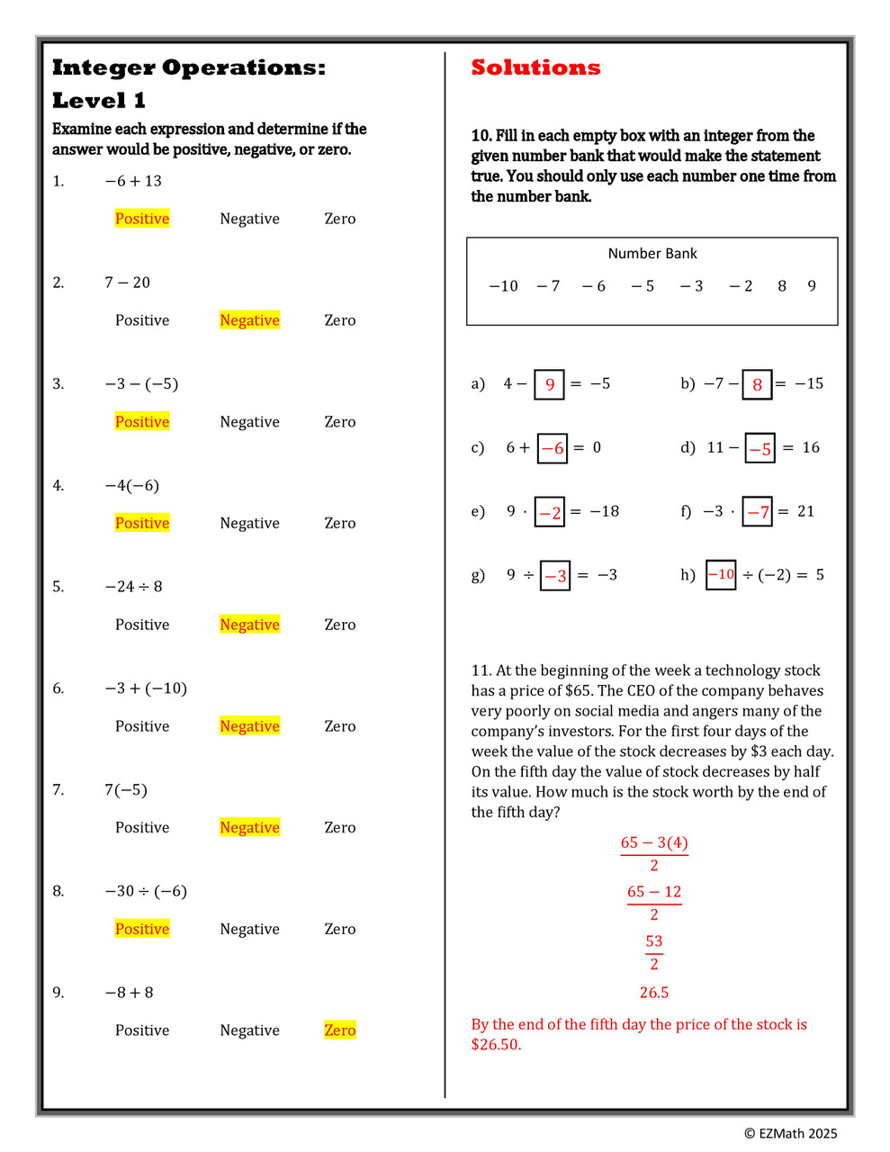 Level Ups: Operations With Integers Practice Activity | 7th Grade Math ...