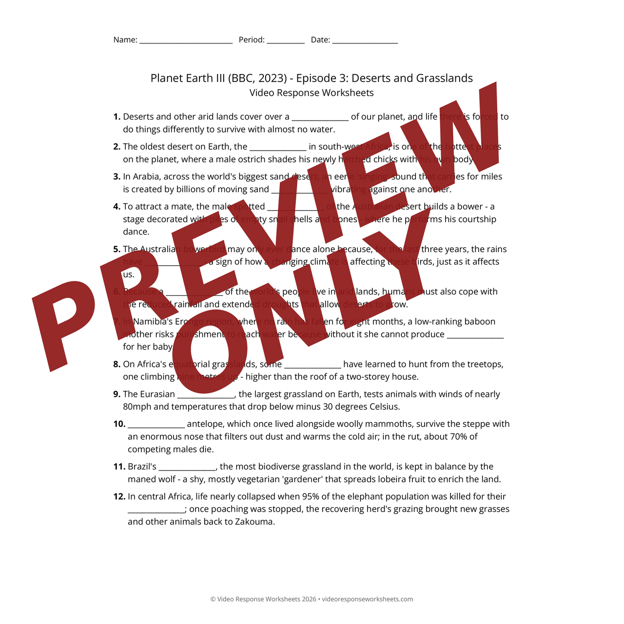 Planet Earth III Deserts and Grasslands Episode 3 Worksheet & Key - BBC ...