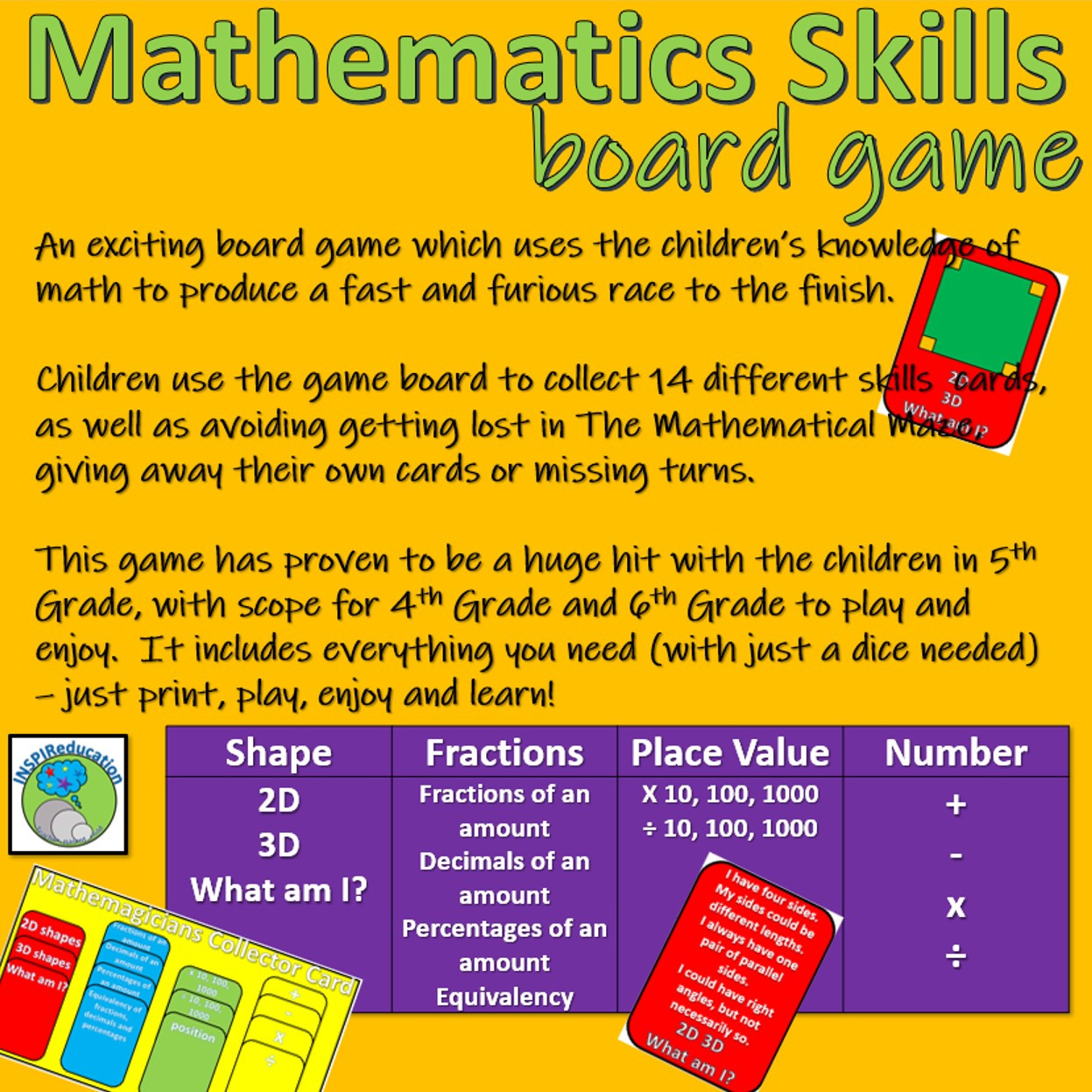 Mathematic Skills Board Game (4 ops, shape, fractions, place value ...