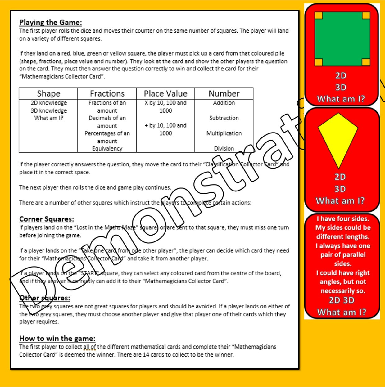 Mathematic Skills Board Game (4 ops, shape, fractions, place value ...