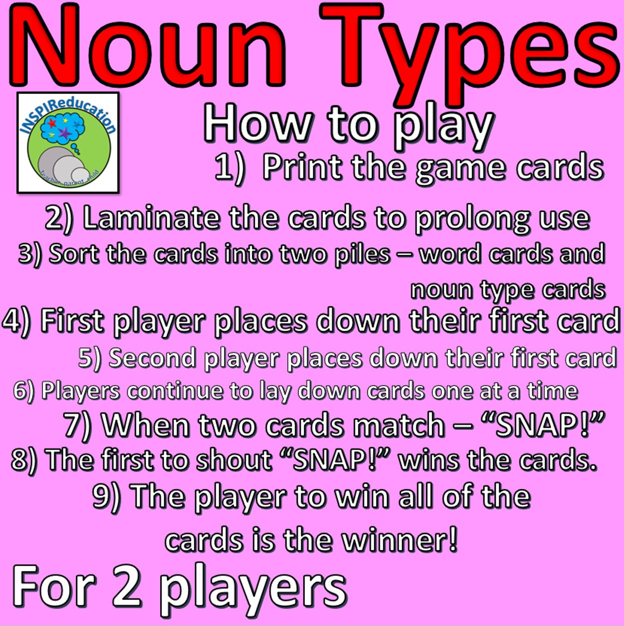 Noun Types - Snap! Card Game - 126 cards for 2 players (4 noun types ...