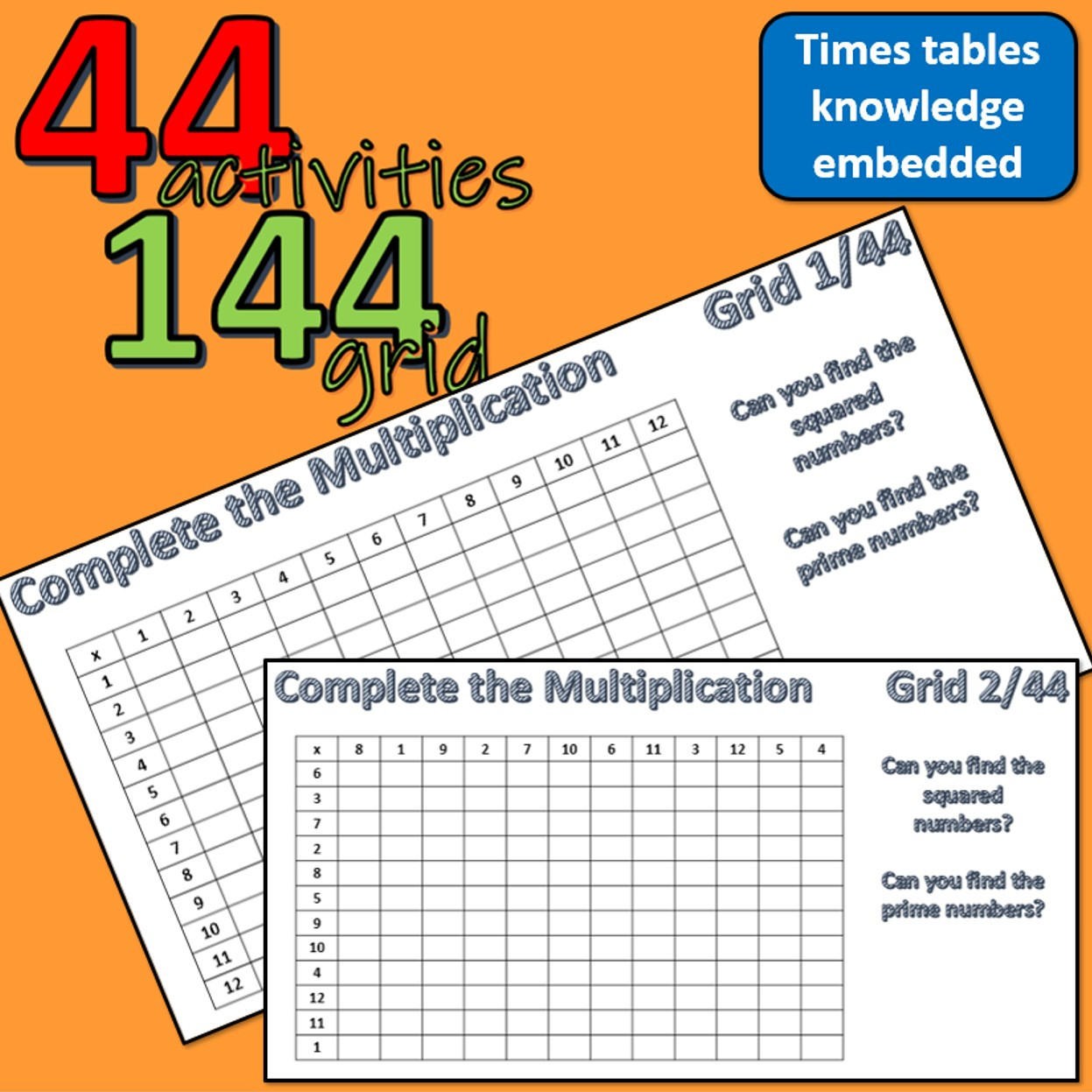 44 activities with a 144 grid (times tables, decimals, squared numbers ...