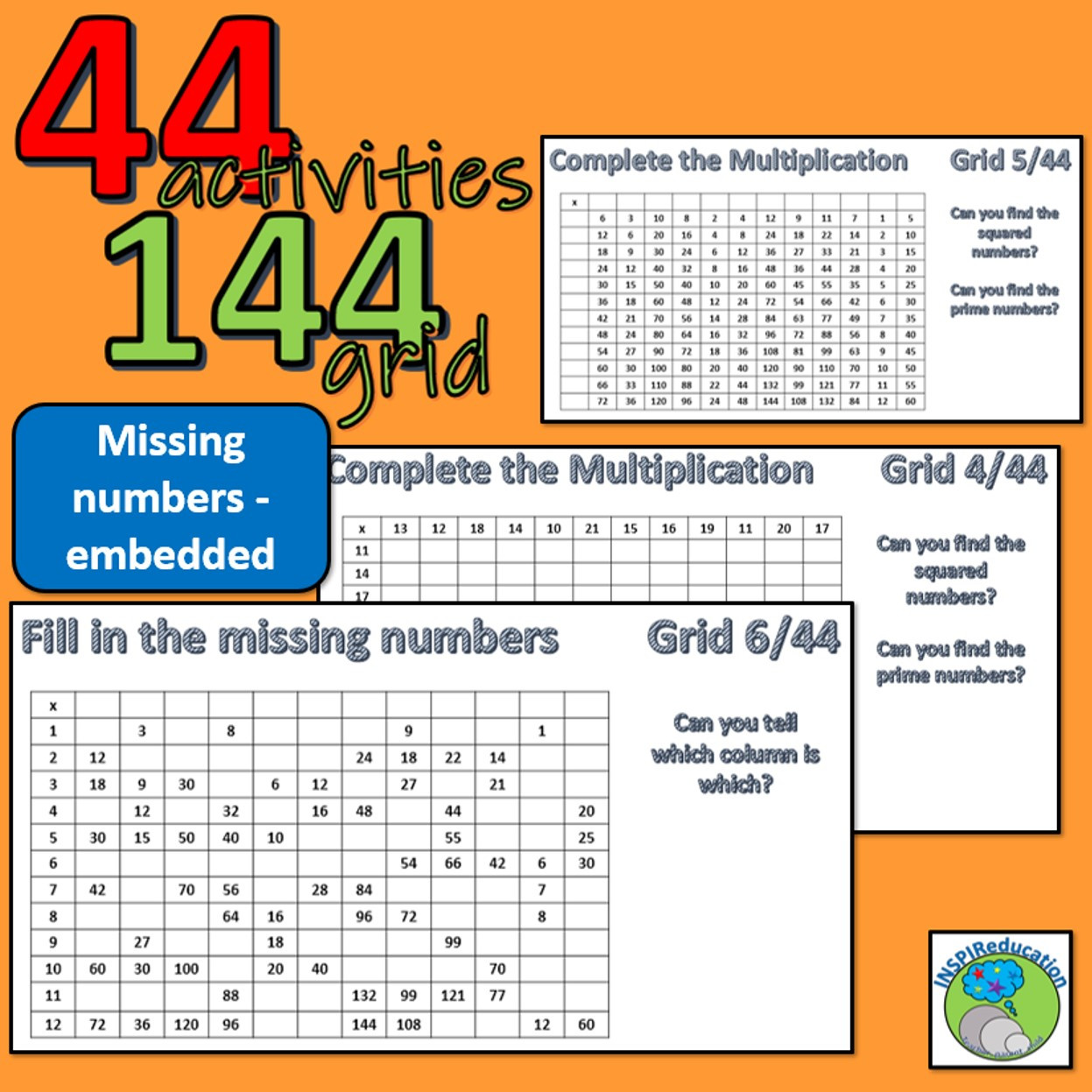 44 activities with a 144 grid (times tables, decimals, squared numbers ...