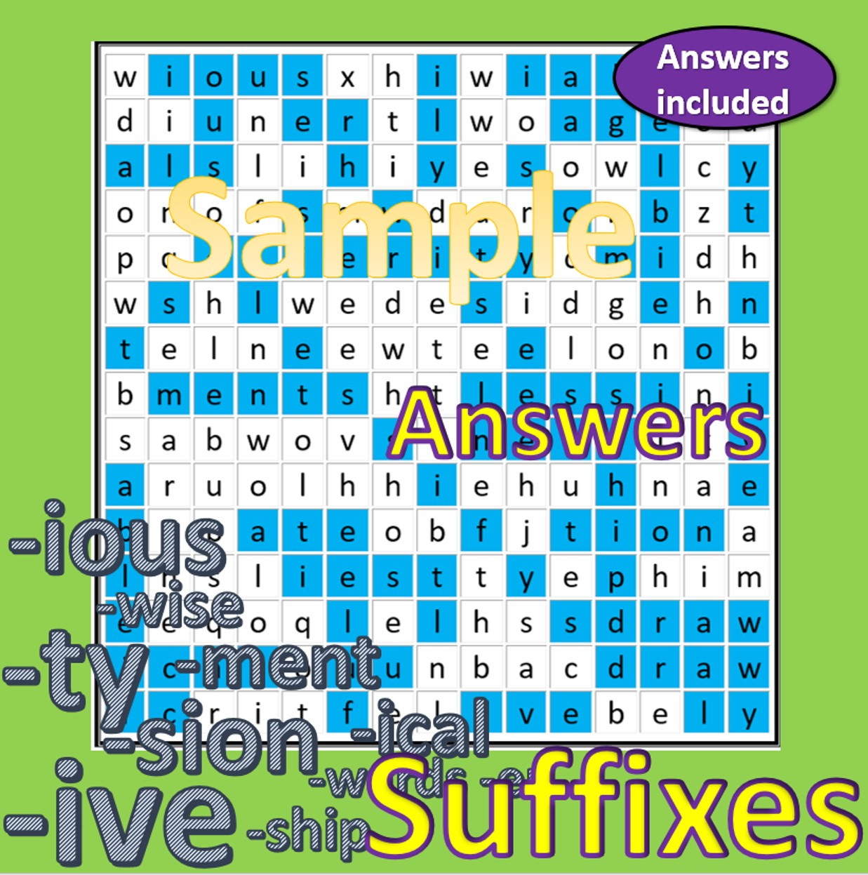 Suffixes - Word Search, answer the clues to find 36 hidden suffixes ...