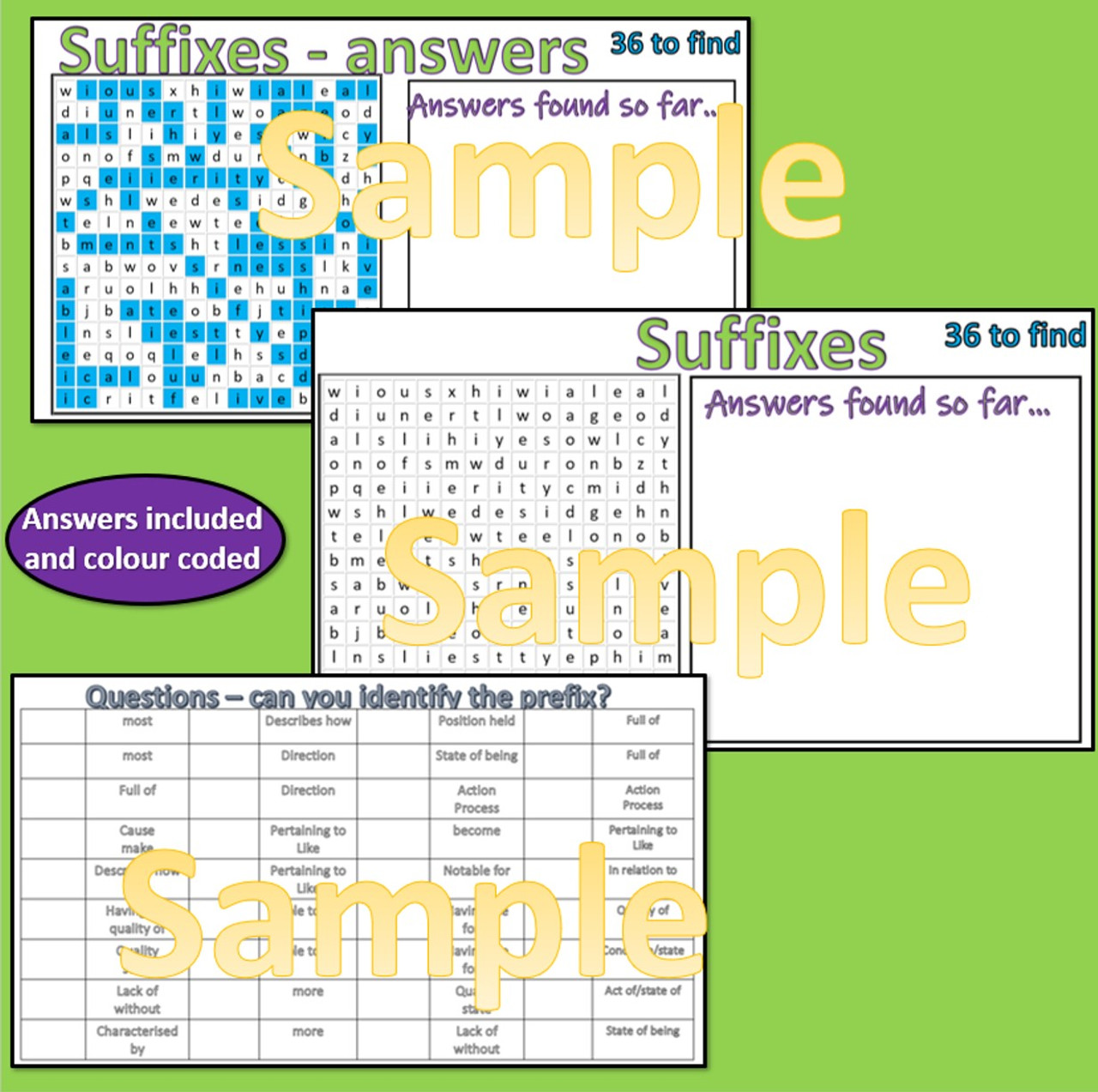 Suffixes - Word Search, answer the clues to find 36 hidden suffixes ...