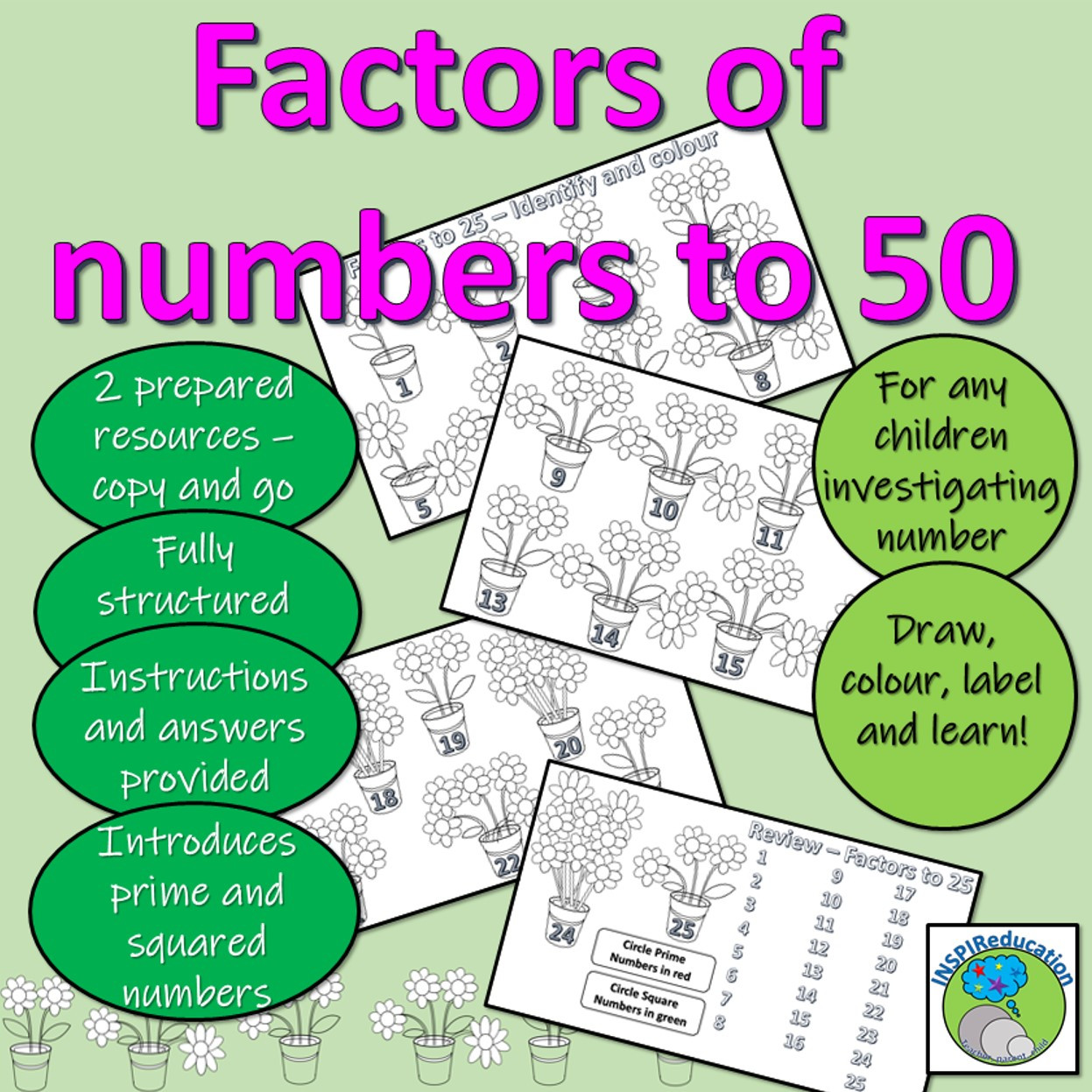 Factors of Numbers 1 - 50 including prime and square numbers (Draw ...