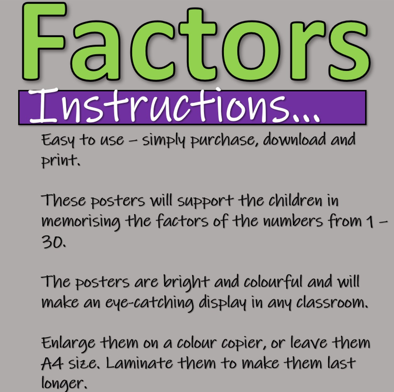 Factors of Numbers 1- 30. Poster for classroom display - Amped Up Learning
