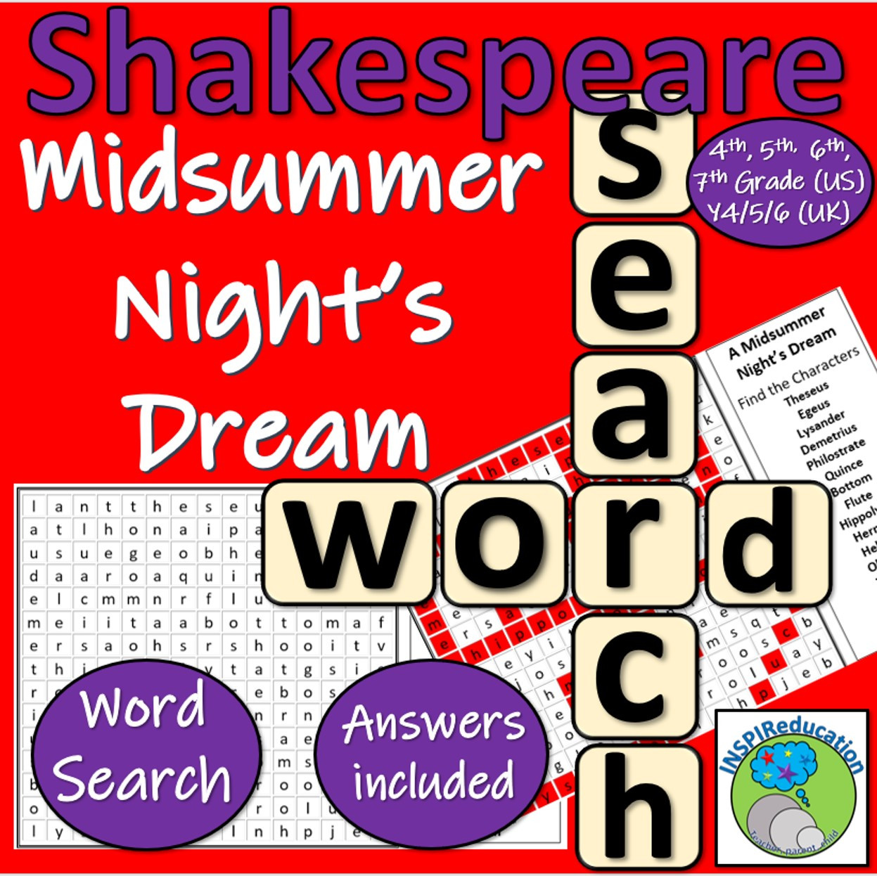 William Shakespeare - A Midsummer Night's Dream (Wordsearch Character ...