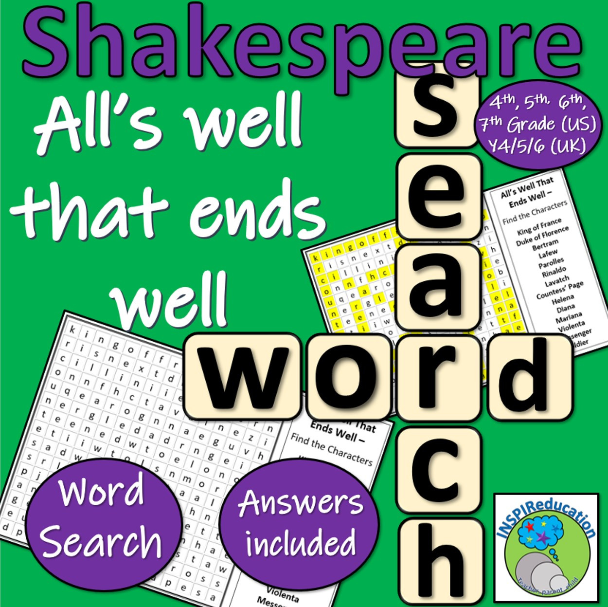 William Shakespeare - All's Well That Ends Well (Word Search Character ...