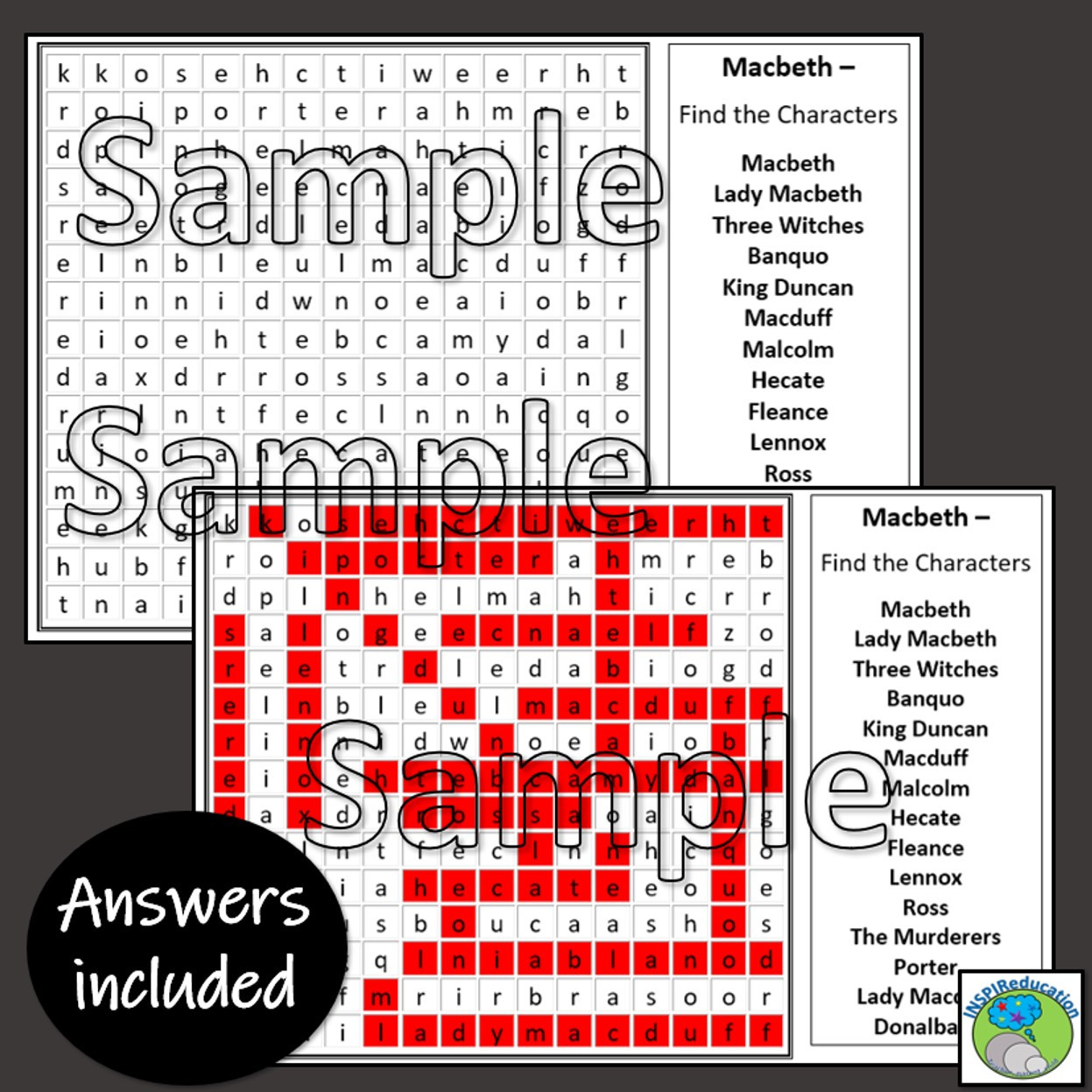 William Shakespeare Tragedies - MacBeth (Character Wordsearch) - Amped ...