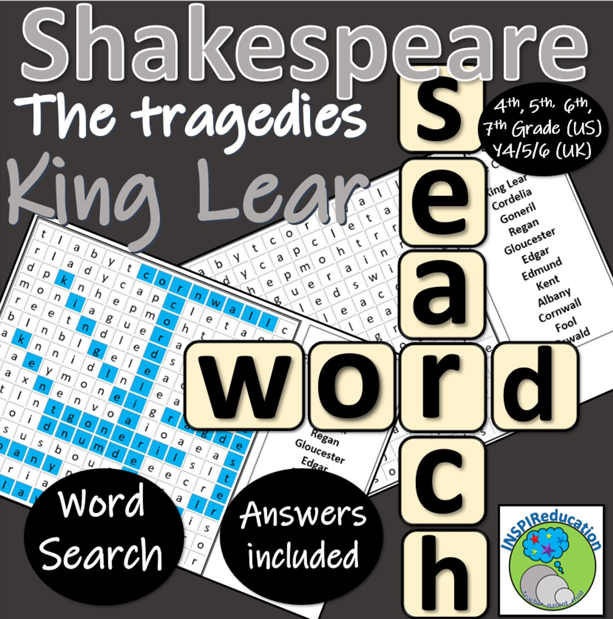 William Shakespeare Tragedies - King Lear (Character Wordsearch ...