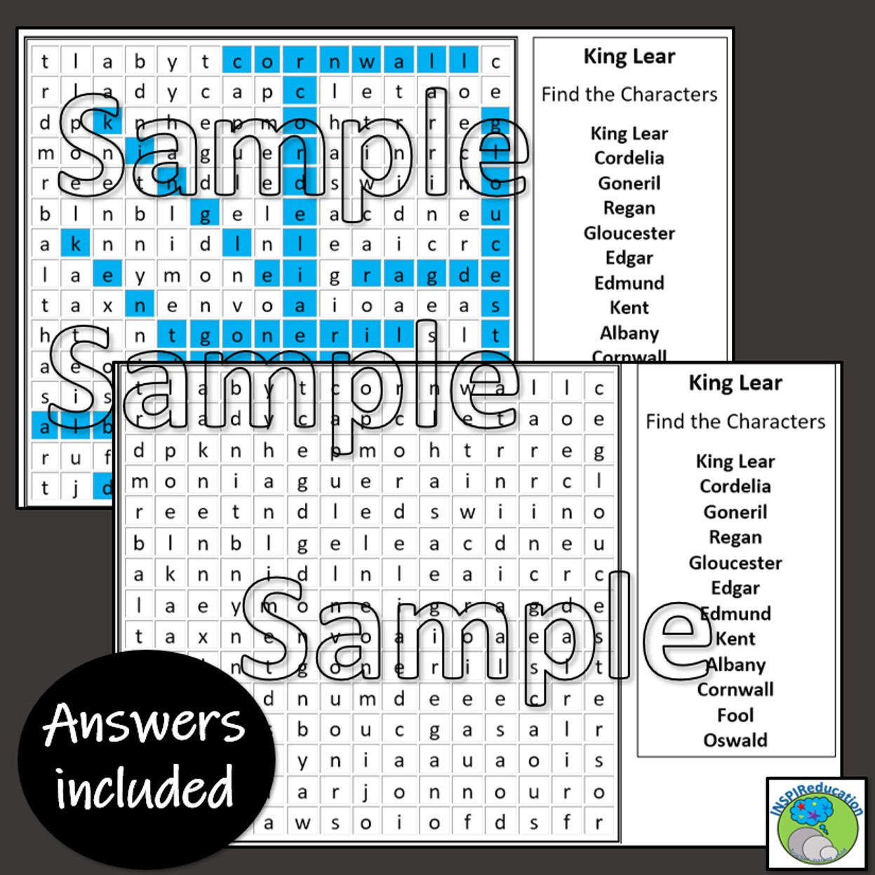 William Shakespeare Tragedies - King Lear (Character Wordsearch ...