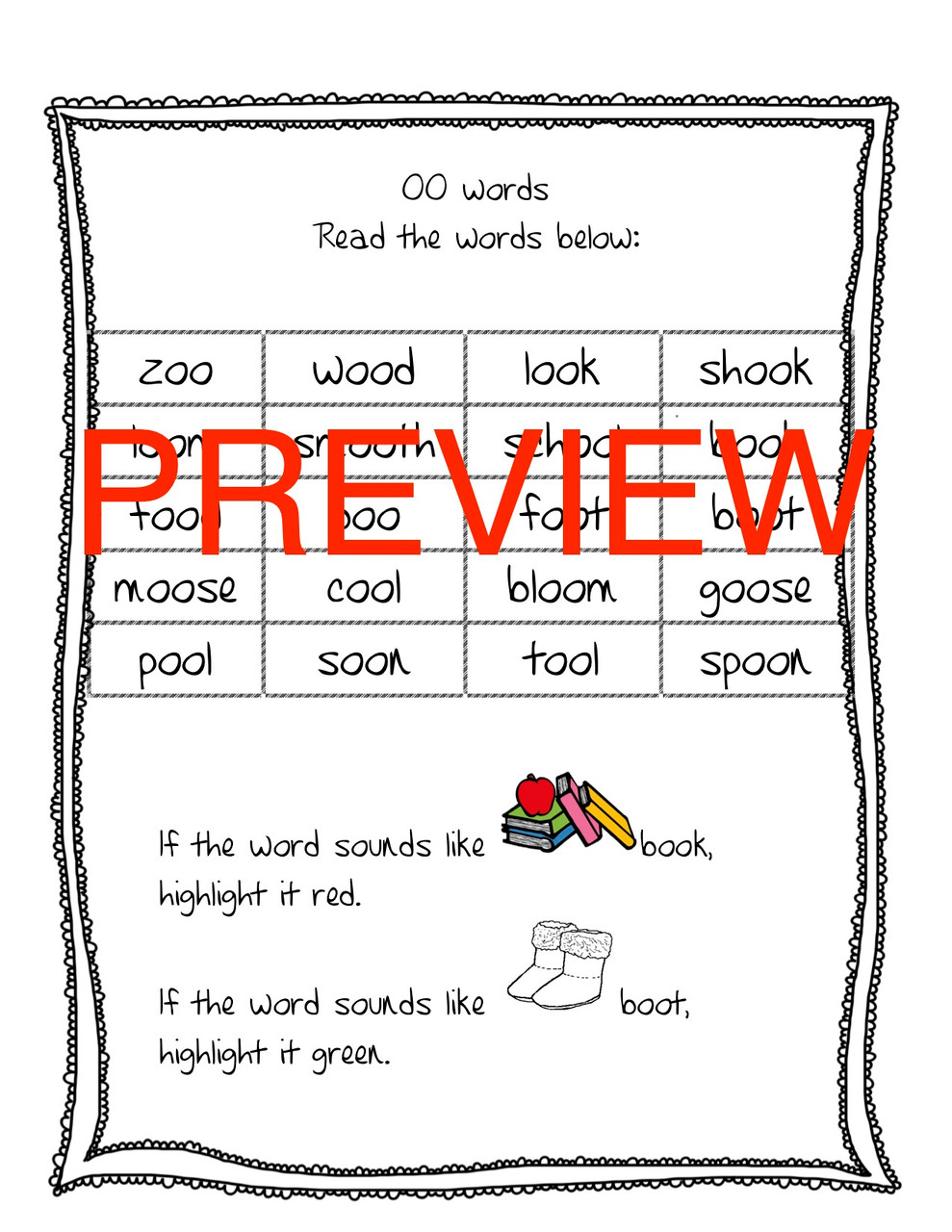oo word work - phonics, spelling practice, sort
