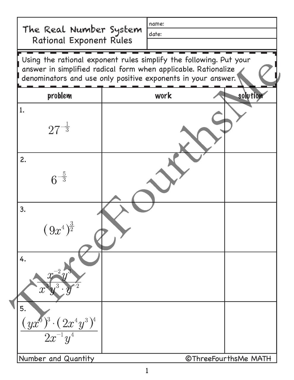 Rational Exponent Rules Classwork or Homework - Amped Up Learning