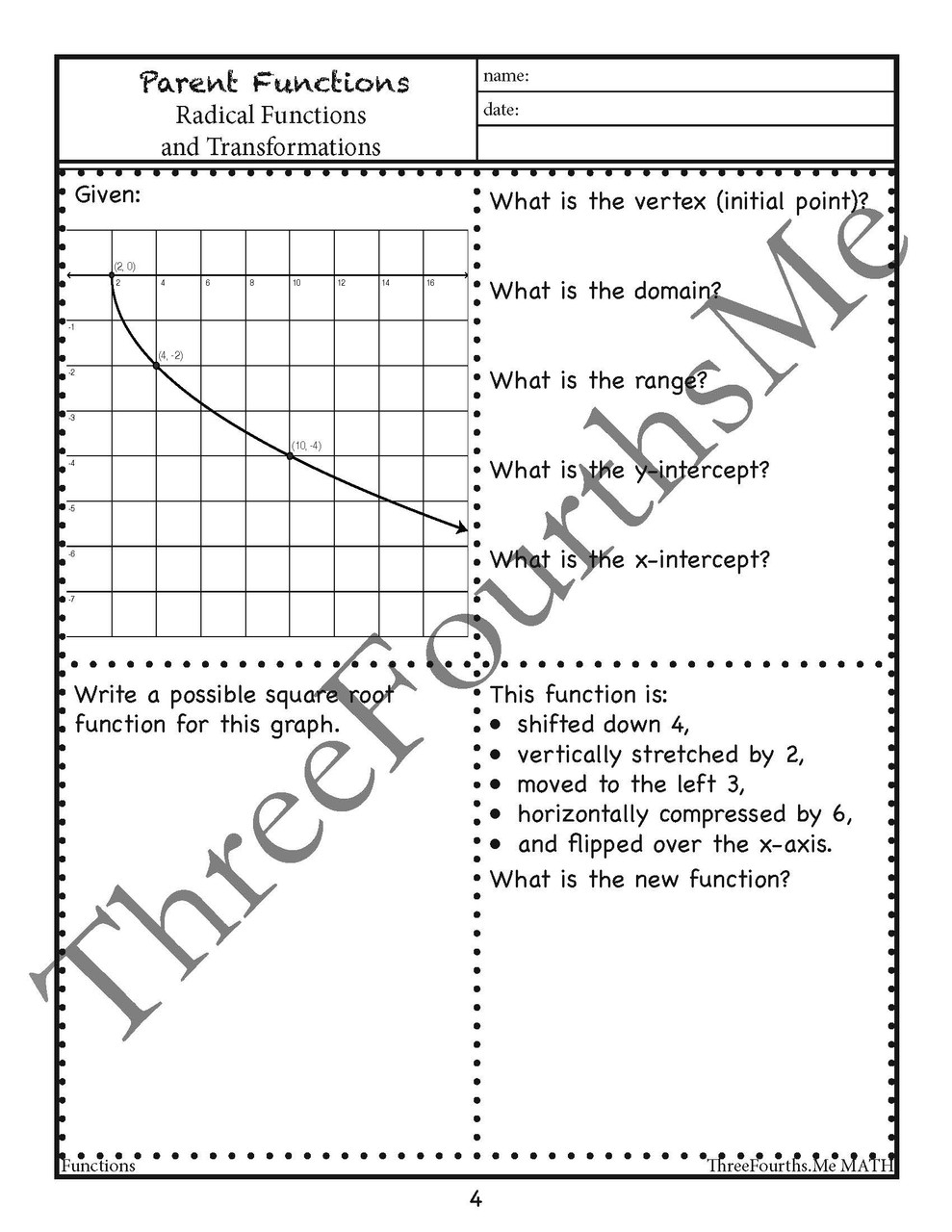 Transformations of Radical (Square Root) Functions Classwork or ...