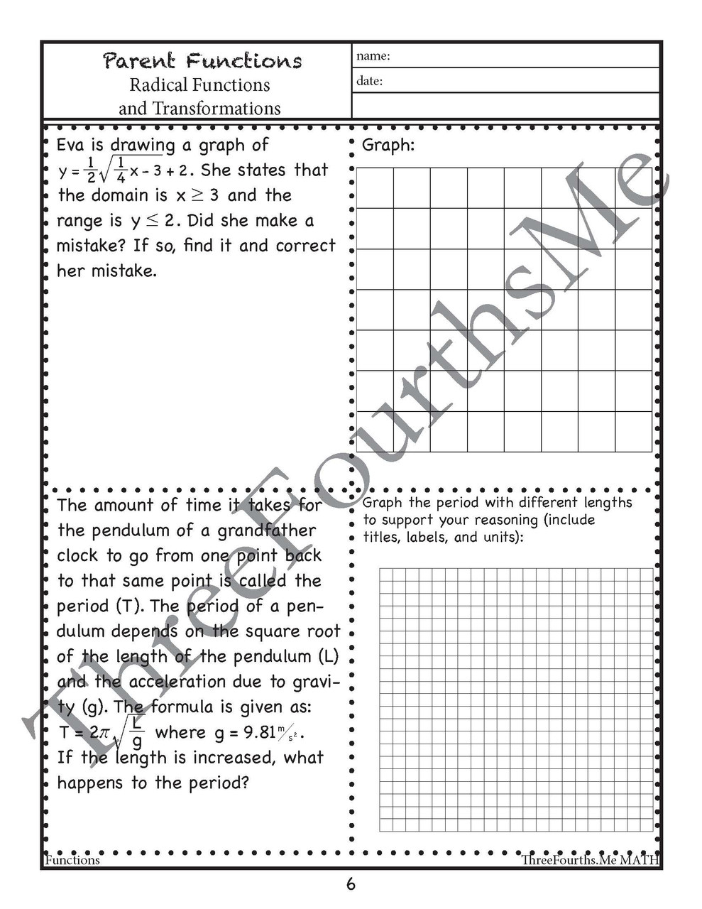 Transformations of Radical (Square Root) Functions Classwork or ...