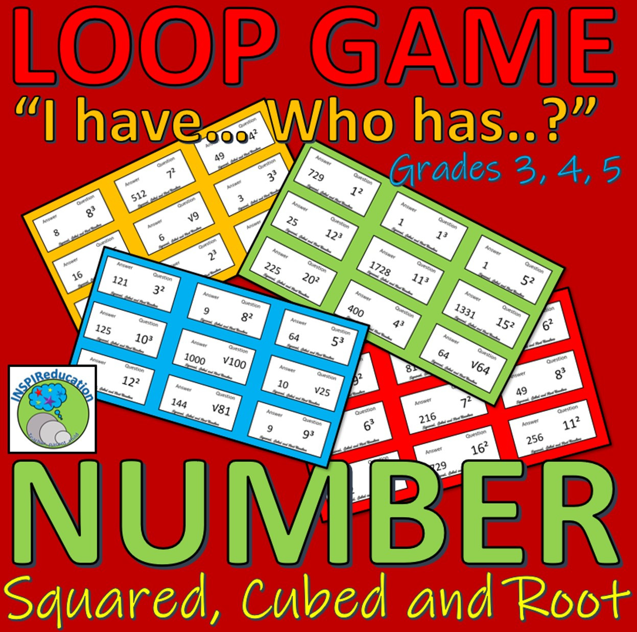 Math - Squared, Cubed and Root Numbers - Card Game: "I have...Who has ...