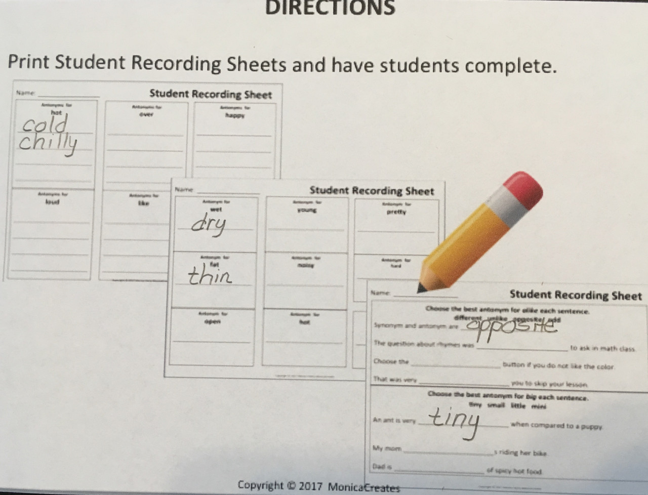 Antonyms - Activity Pack - Matching Activities, Student Response Sheets ...