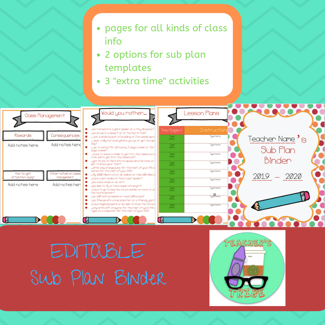 Editable Sub Binder - Polka Dots and Pencils - Amped Up Learning