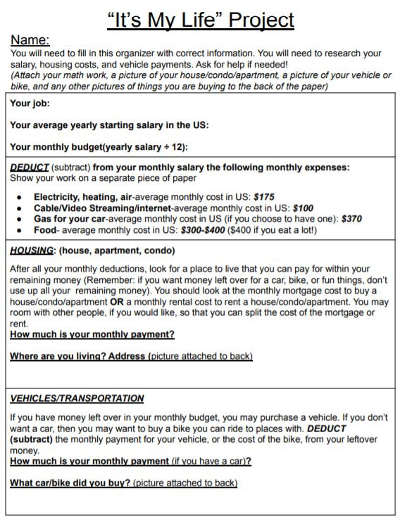 "It's My Life" Math Project - Amped Up Learning