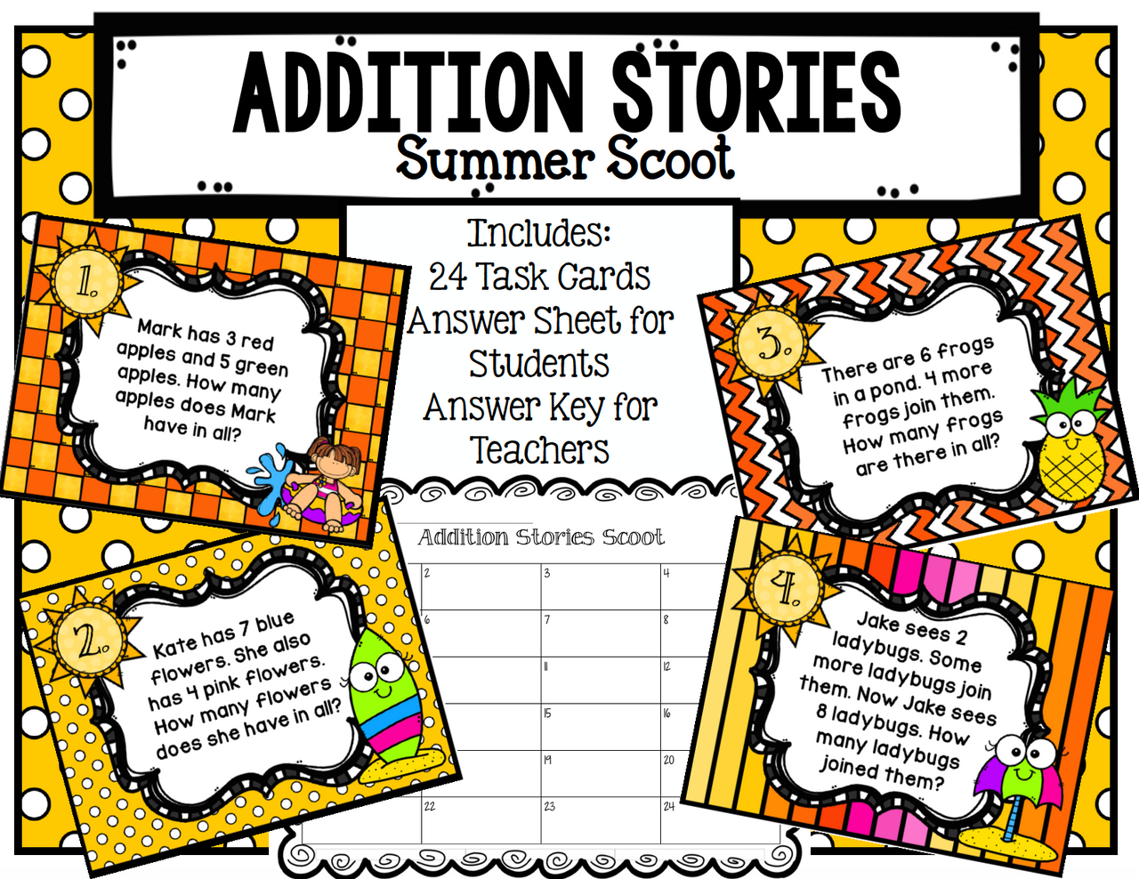 Addition Stories Summer Task Cards Scoot Word Problems - Amped Up Learning