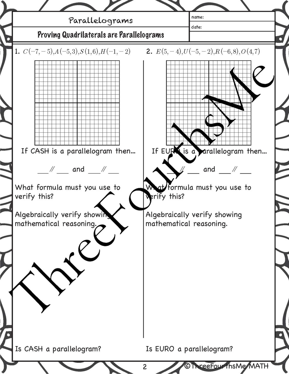 Proving Quadrilaterals are Parallelograms Classwork / Homework - Amped ...