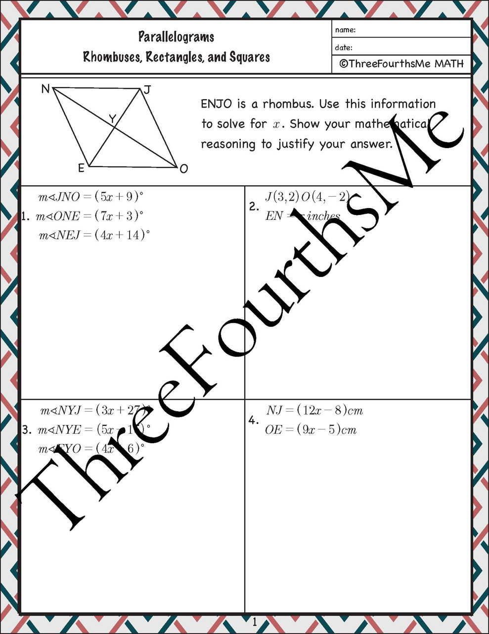 Parallelograms: Rhombi, Rectangles, and Squares Classwork and/or ...