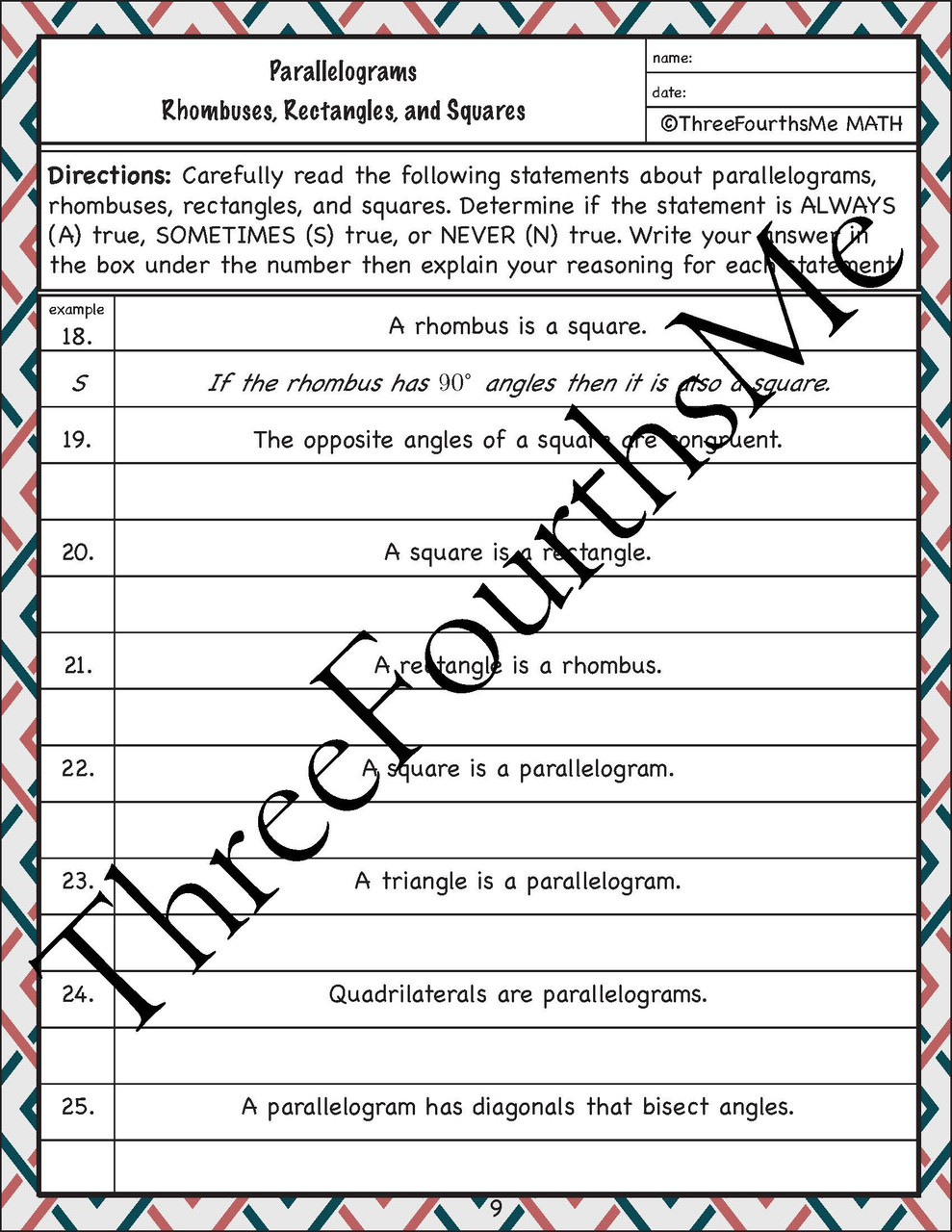 Parallelograms: Rhombi, Rectangles, and Squares Classwork and/or ...