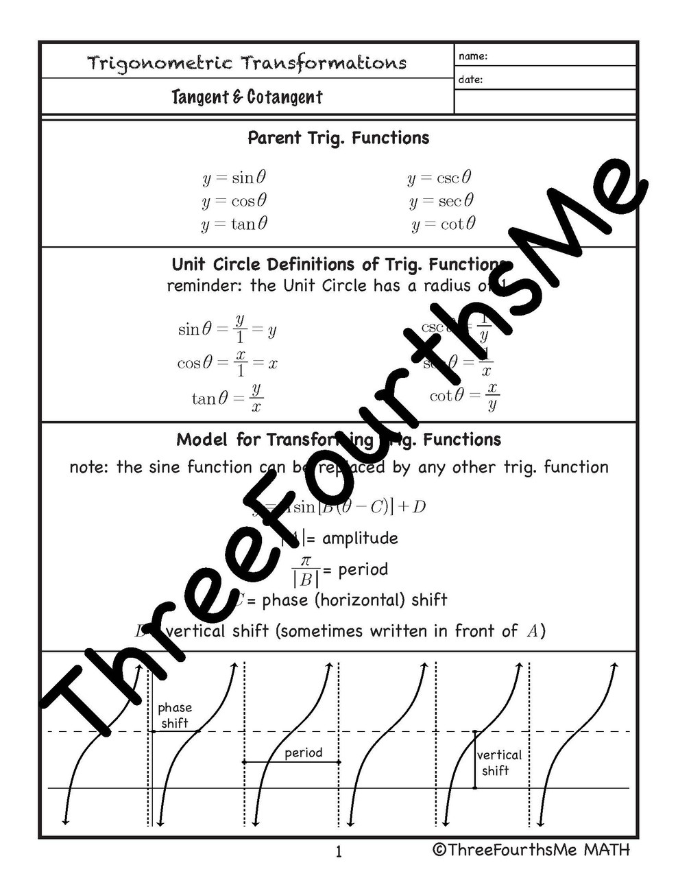 Transformations of Tangent & Cotangent Scaffolded Notes with Classwork ...