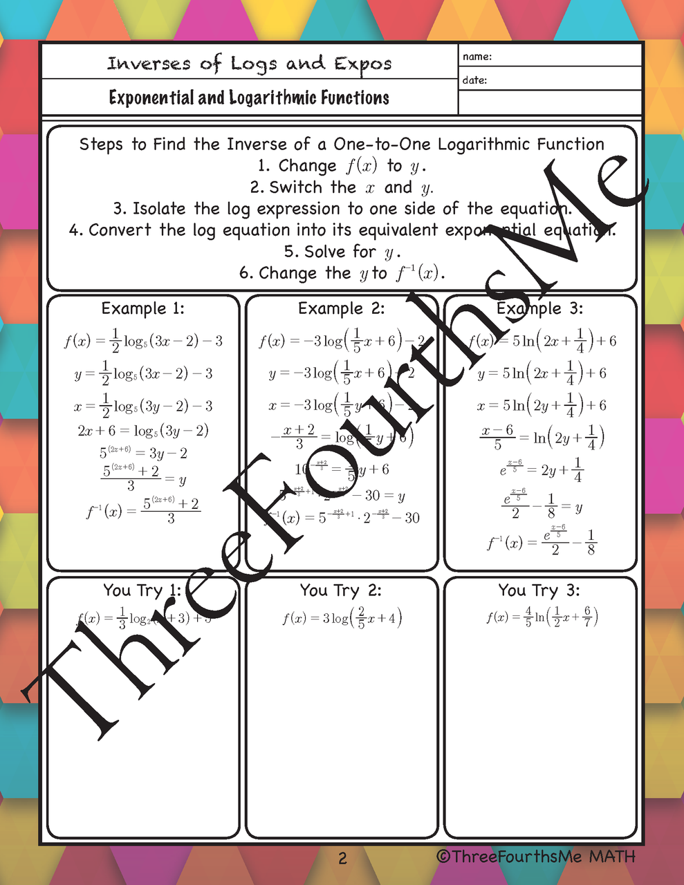 Inverses Of Logarithmic And Exponential Functions Scaffolded Notes
