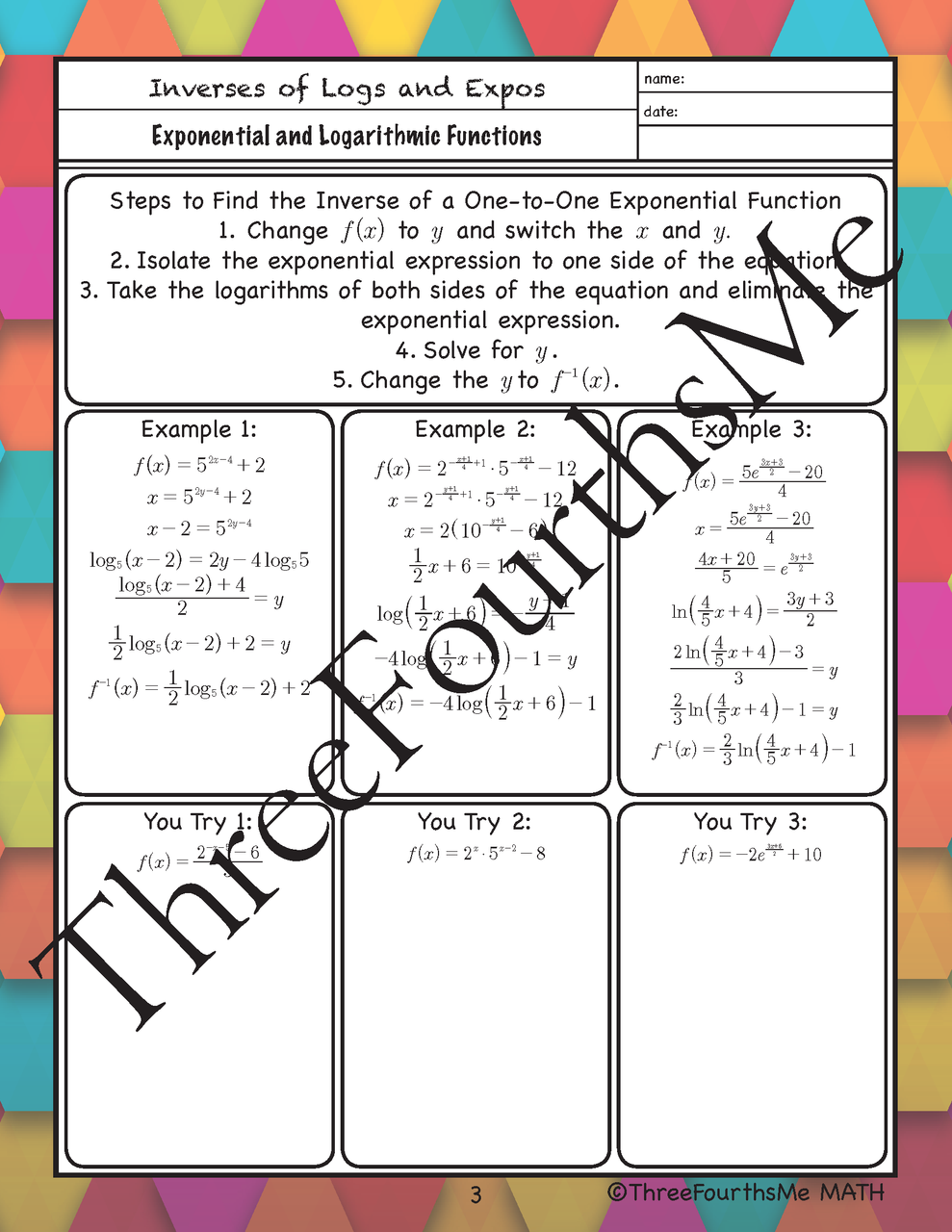 Inverses of Logarithmic and Exponential Functions Scaffolded Notes ...