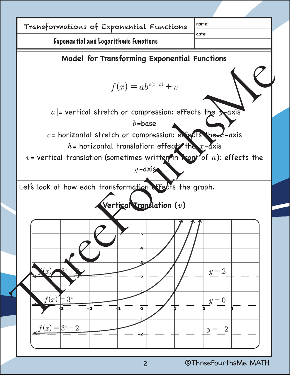 Transformations Of Exponential Functions Worksheet