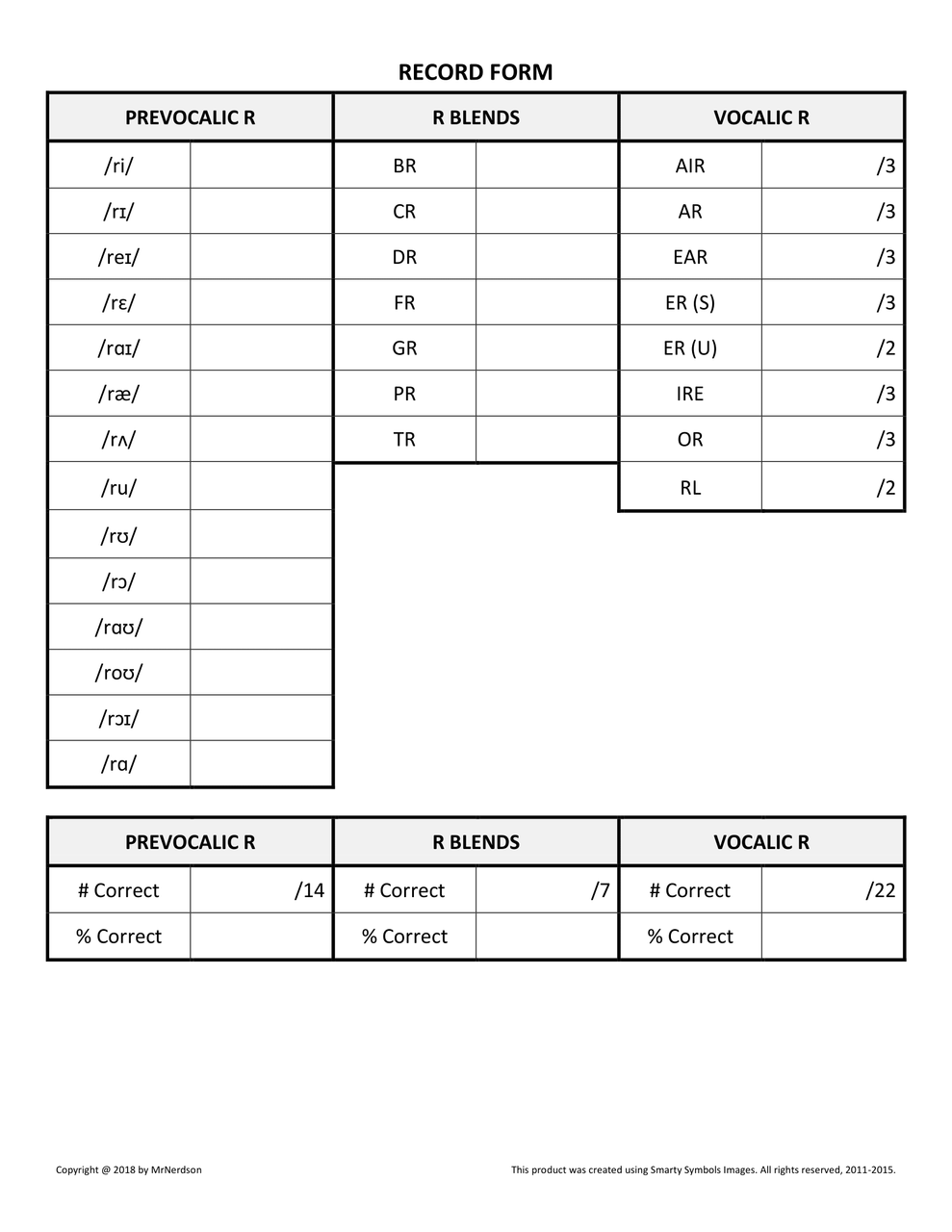Comprehensive Articulation Screener for R: Prevocalic, Blends, Vocalic