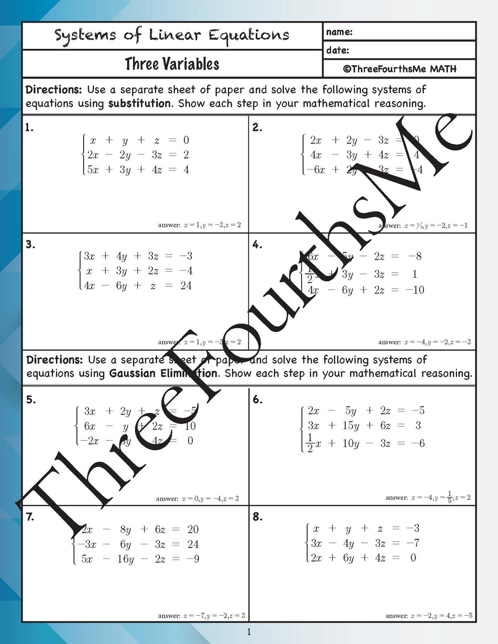 Systems Of Equations 3 Variables Worksheet