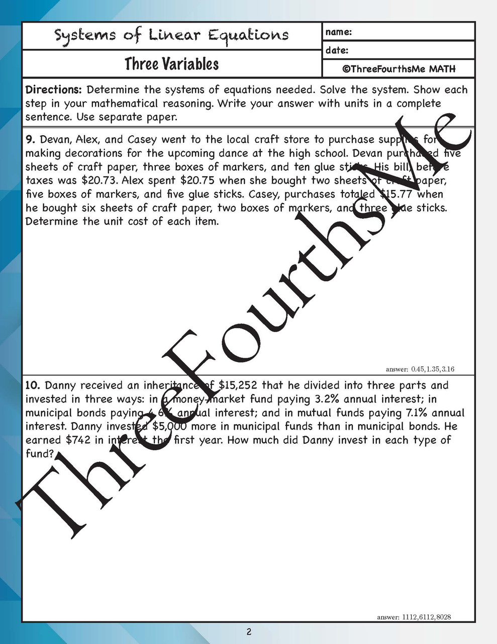 Systems of Equations: 3 Variables Homework - Amped Up Learning