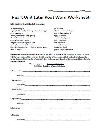 Heart Unit Latin Root Word Worksheet - FREE - Amped Up Learning
