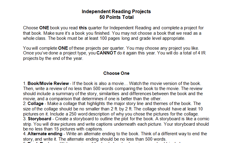 Independent Reading Project - Amped Up Learning