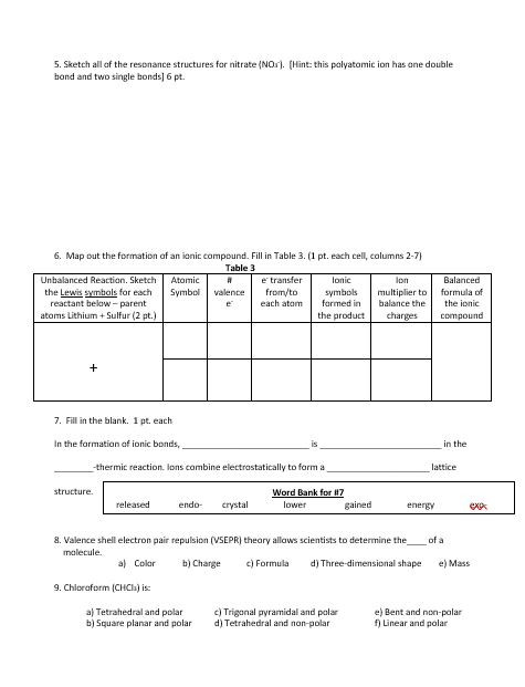 Chemistry Exam about Bonds, VSEPR, Hybridization, Polarity, Lewis ...