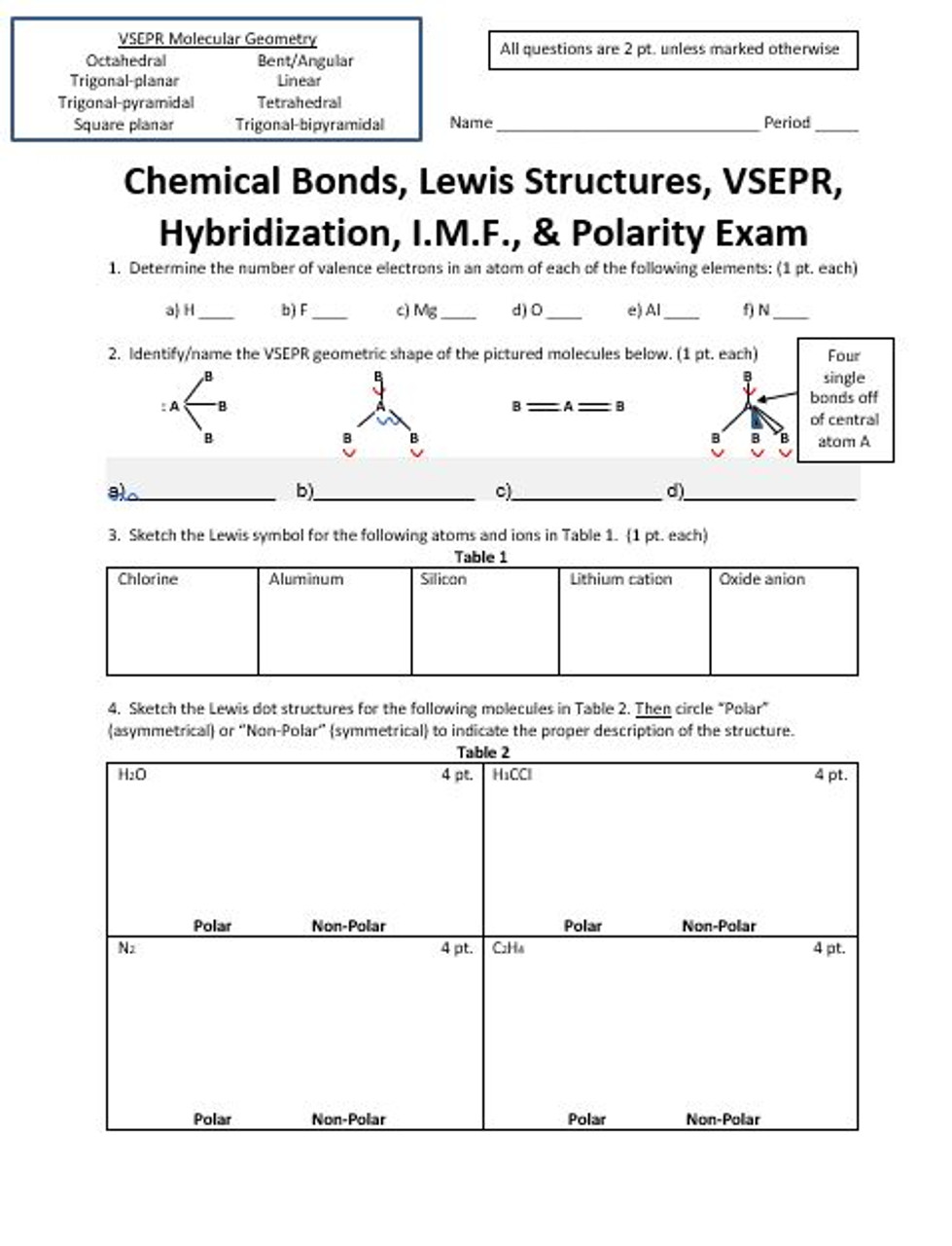 Chemistry Exam about Bonds, VSEPR, Hybridization, Polarity, Lewis ...