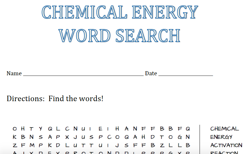 Chemical Energy Word Search - Amped Up Learning