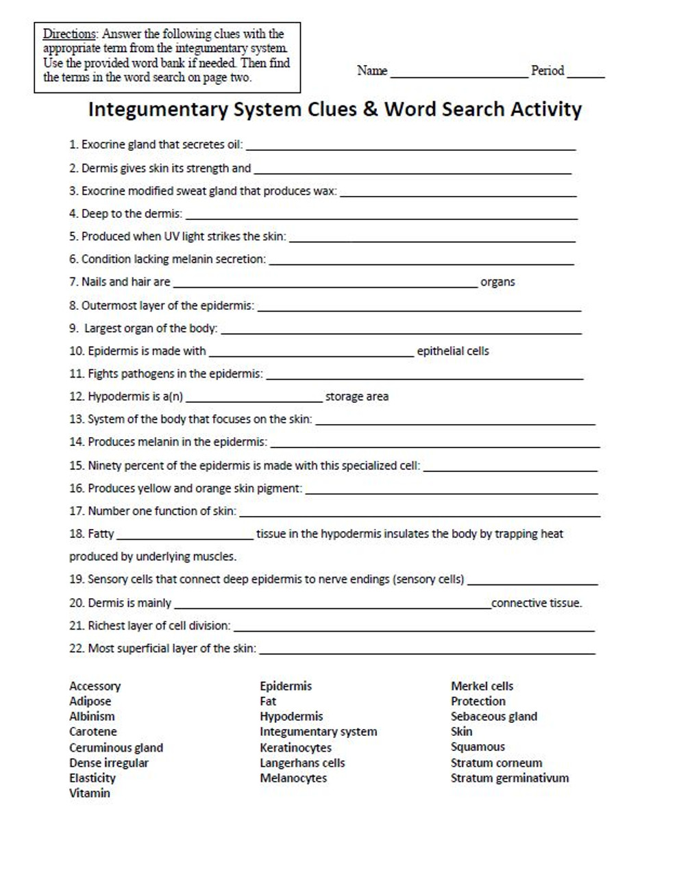 Integumentary System Clues and Quest and Word Search Activity - Amped ...