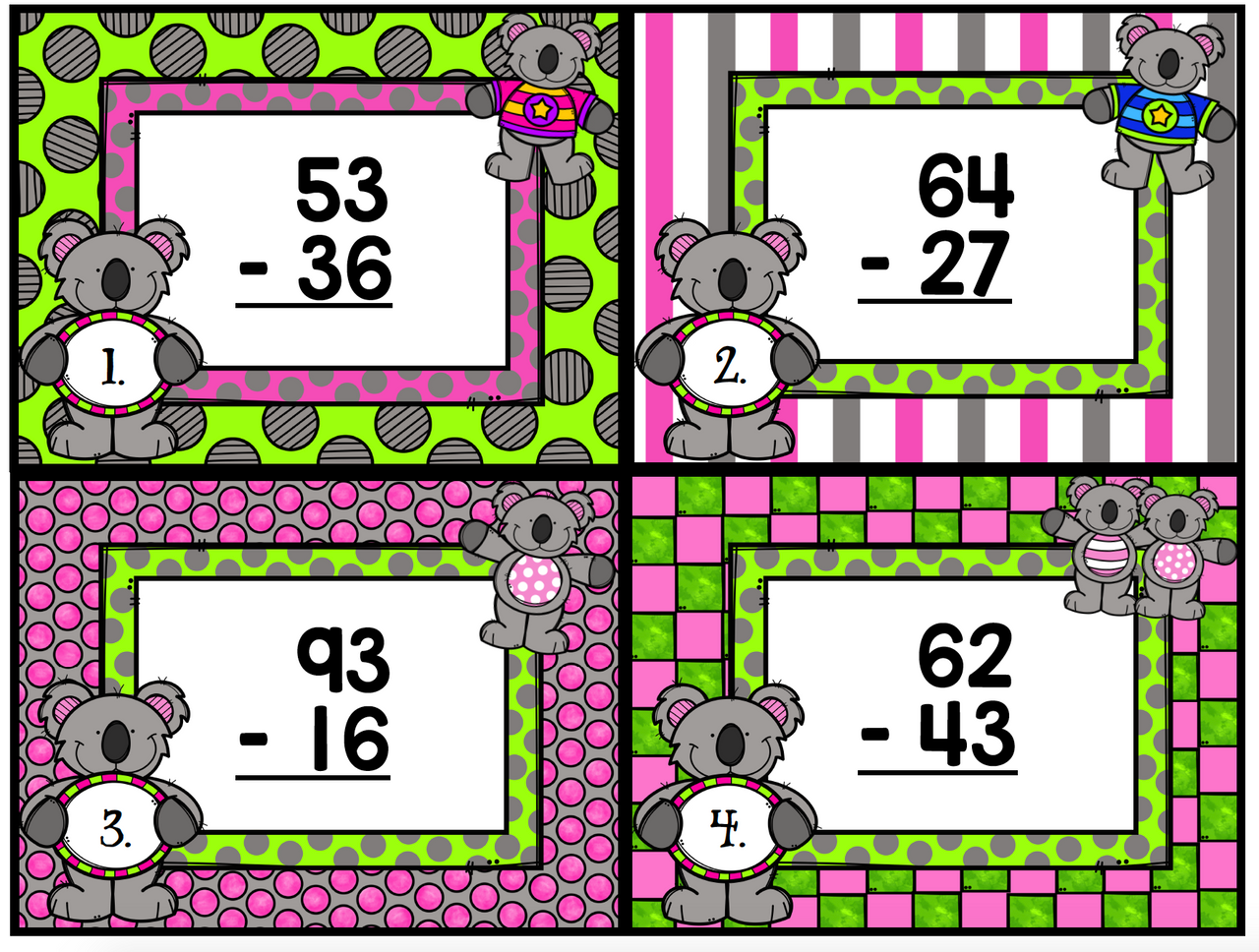 Double Digit Subtraction Koala Scoot Task Cards - Amped Up Learning