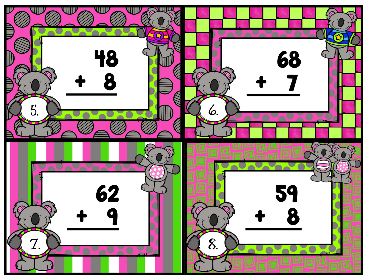 Double Digit Plus Single Digit Addition Koala Scoot Task Cards - Amped ...