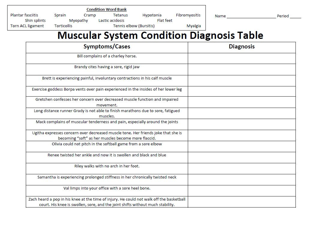 Muscular System Condition Diagnosis Table - Amped Up Learning