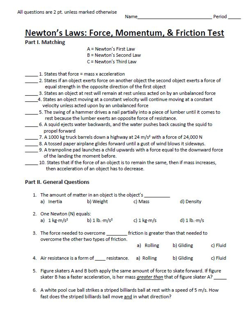 Newton's Laws: Force, Friction and Momentum Test for Physical Science ...